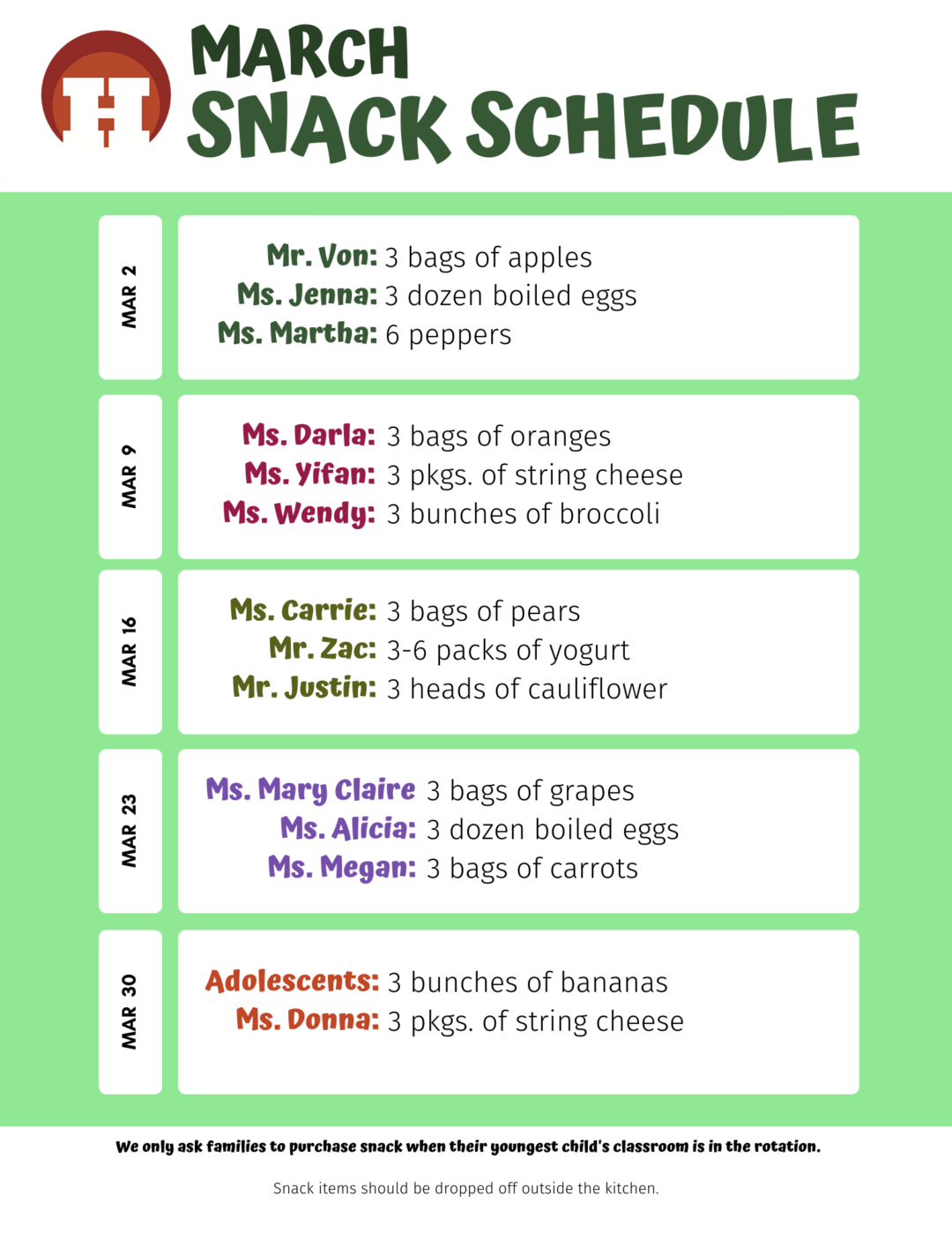 march snack schedule | Highland Community School